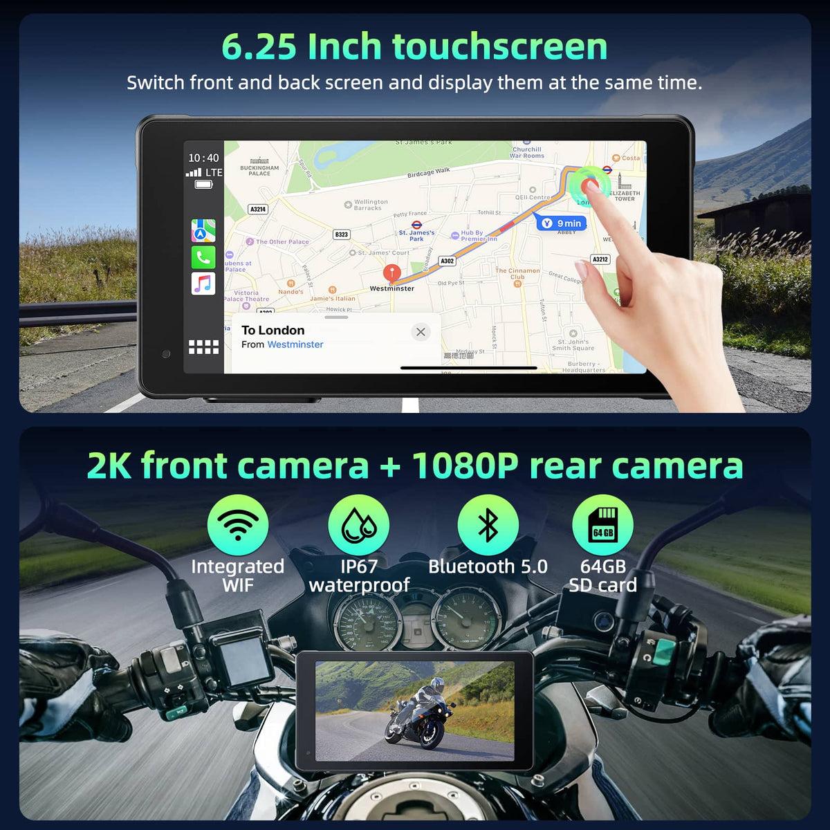 Carplay Display For Motorcycles With Dash Cam | Lamtto